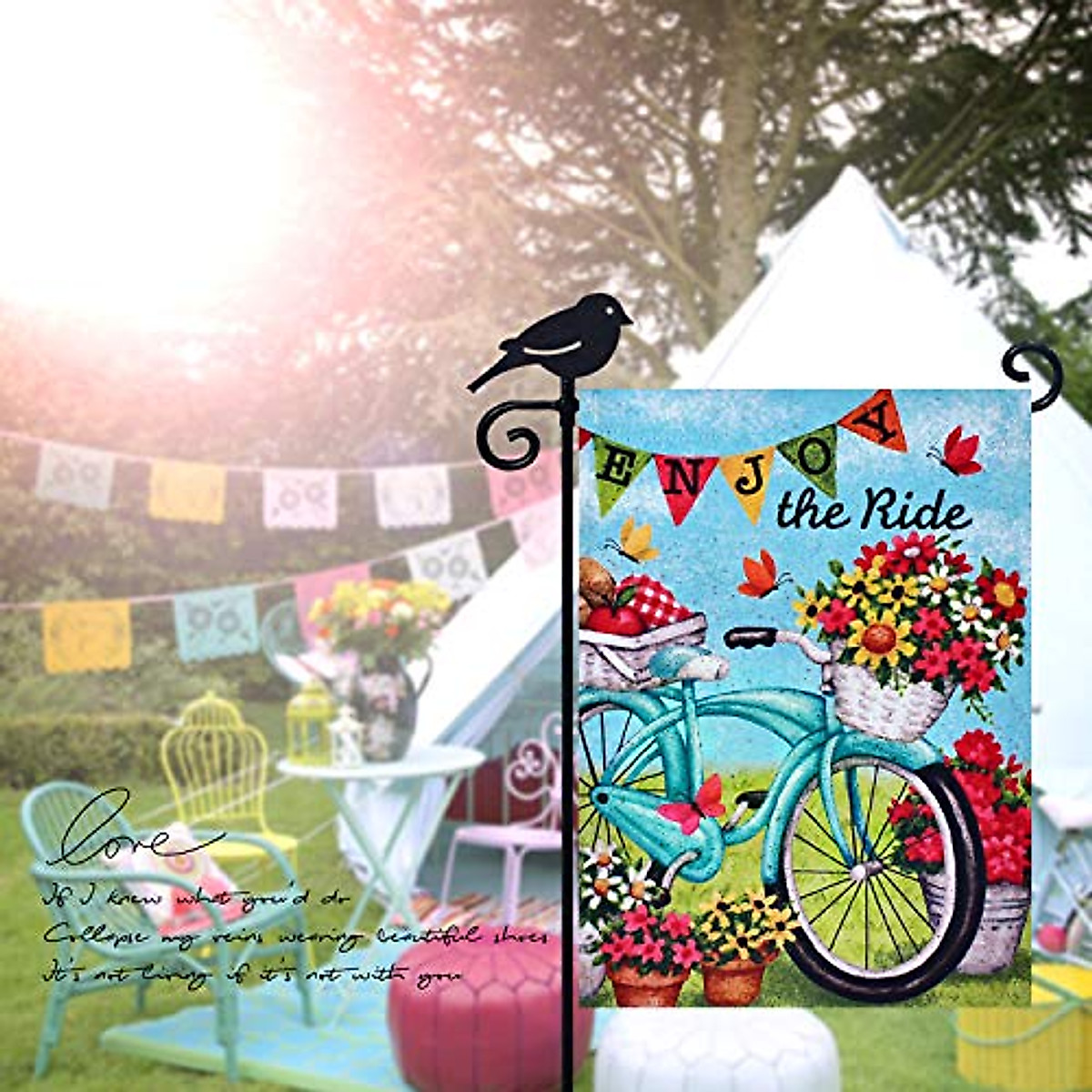 LAYOER Garden Flag 12.5 x 18 Inch Blue Bicycle Bunting Flower Basket Spring Summer Double sided Outdoor Courtyard Farmhouse small Decoration