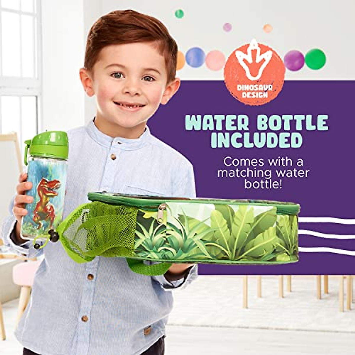 Kids’ Lunch Bag With Water Bottle By ToyToEnjoy- Insulated Lunch Bag With Adjustable Shoulder Strap & Bottle Holder- Boys & Girls’ Thermal Meal Tote For School- Durable Lunch Box Set, Dinosaur