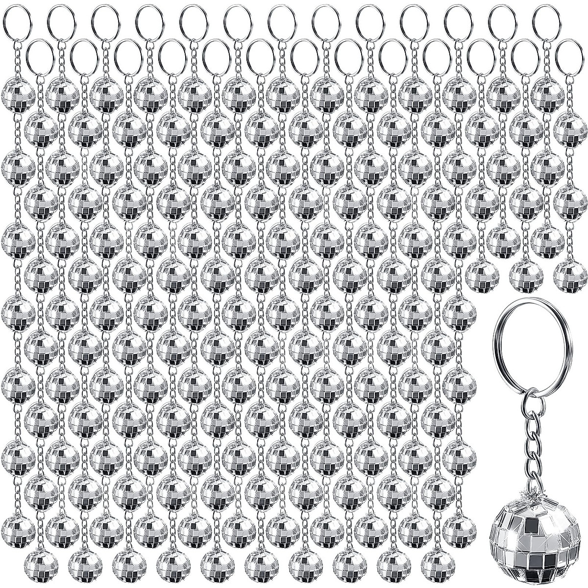 Kigeli 150 Pack Disco Ball Keychain Bulk 0.79'' Discoball Ornaments Silver Disco Accessories for 1970s Disco Party Favor