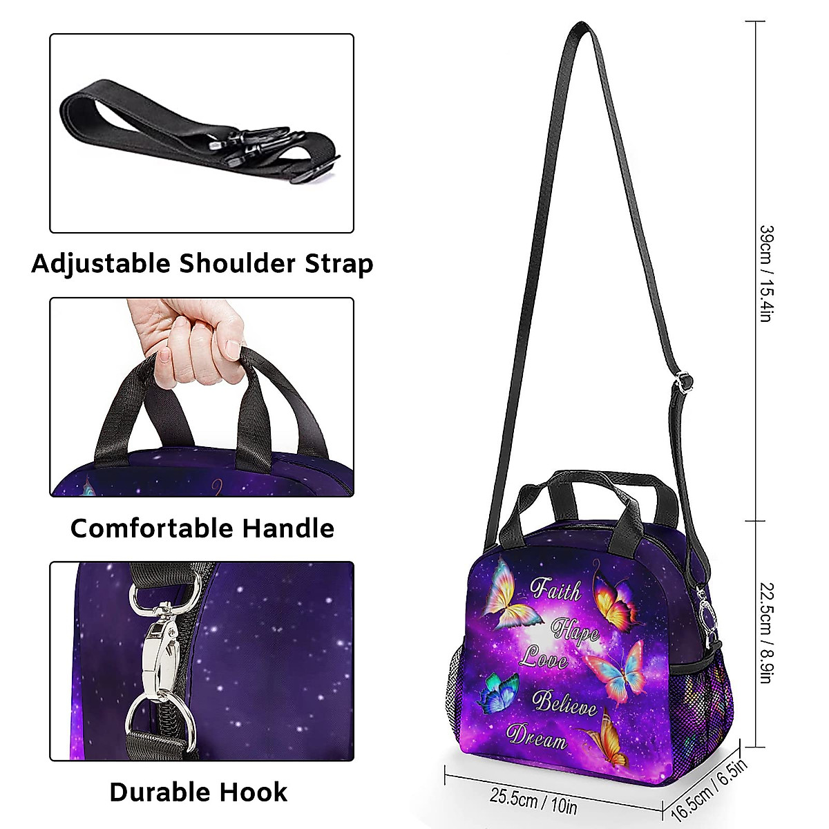 Wuetduz Purple Butterfly Cute Small Lunch Bag for Teen Girls with Strap Insulated Lunch Bag Large Capacity Reusable Lunch Bags for Adult Kids School Work Women