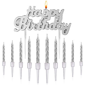 MTLEE Happy Birthday Candles for Cake Birthday Candle Topper with 10 Pcs 2.95 Inch Candles Short Thin Spiral Candles for Cake Topper Birthday Decoration Party Supplies (Silver)
