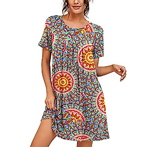 PrinStory Womens Sleepwear Short Sleeve Nightgown Soft Sleepshirt Pleated Nightshirt Scoopneck Casual Loungewear FP-Peacock Blue-Large