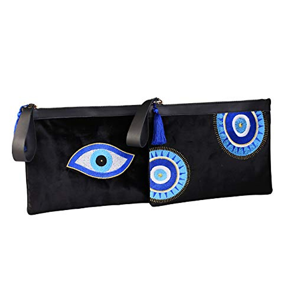 KarensLine Handmade Evil Eye Embroidered Black Velvet Clutch Bag Sunny Beach Summer Style, Medium