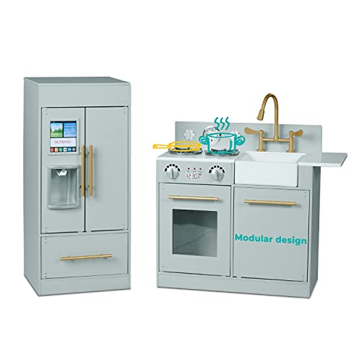 Teamson Kids Little Chef Charlotte Modern Modular Interactive Wooden Play Kitchen with Refrigerator, Stove and Sink in Gray with Gold Accents