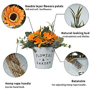Artificial Sunflower Pot Shape Bonsai, 1 Pc Artificial Sunflower with Vase Metal Potted Fake Flower Artificial Sunflowers Bouquet for Party Office Garden Table Home Decor Windowsill (Orange Yellow)