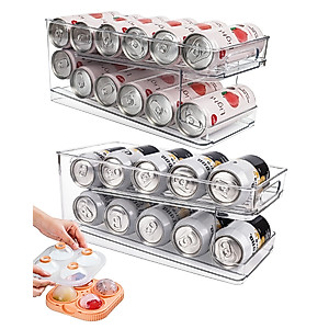 Zyerch 2 Pack Rolling Soda Can Dispenser for Refrigerator with 1 Pack Ice Ball Maker, Pantry Organization and Storage 2-Layer Beverage Holder for Fridge, Clear