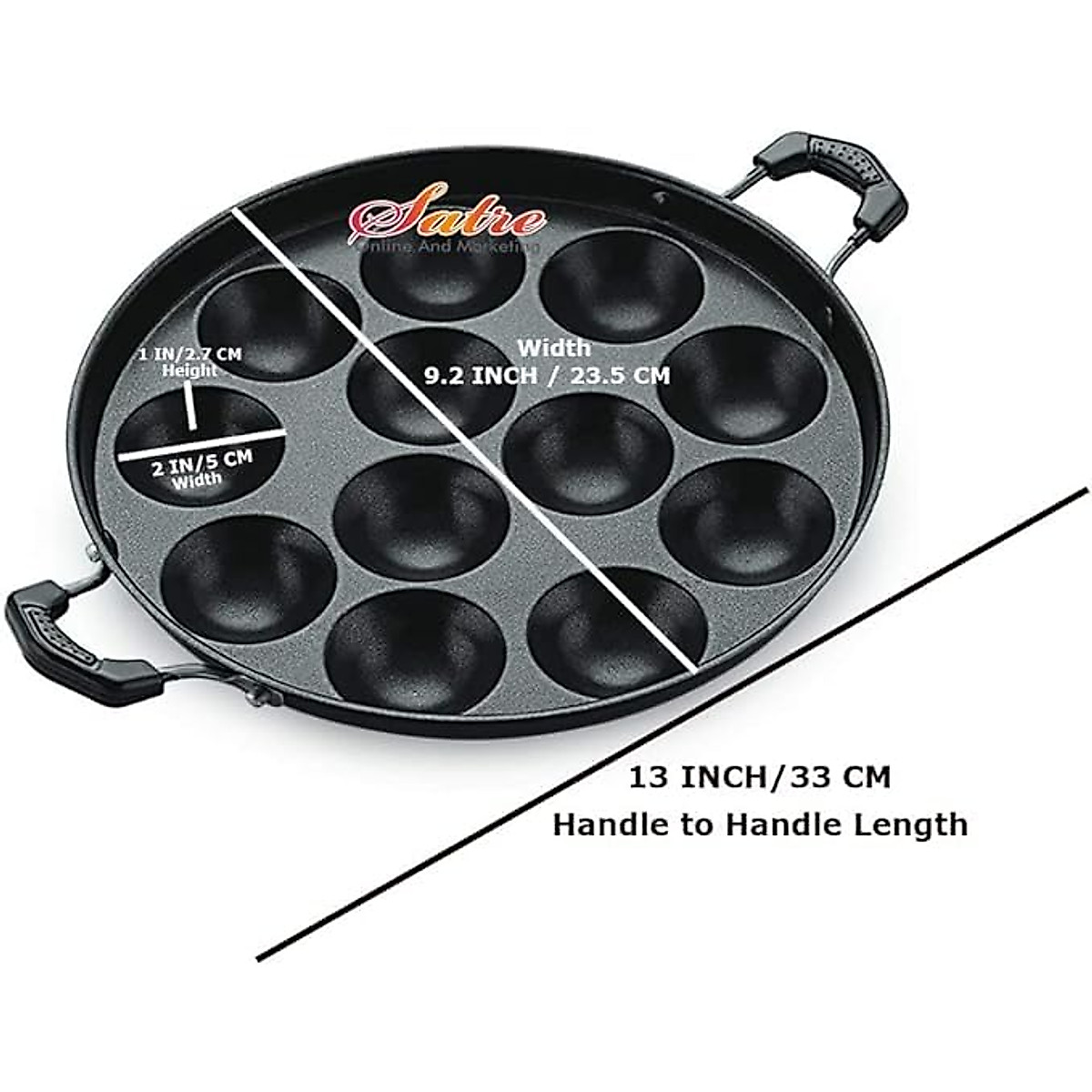 Non Stick Aluminium Appam Pan 12 Pits with Steel Lid, Two Side Handel Appam Maker with Steel Lid, Paniyaram Pan, Black and Silver
