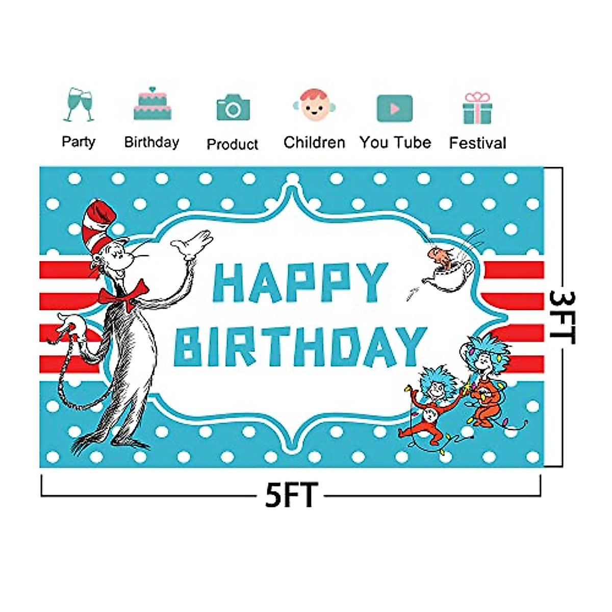 Blue Backdrop for Birthday Party Decorations Dr Seuss Background for Baby Shower Party Cake Table Decorations Supplies Cat in The Hat Theme Banner 5x3ft