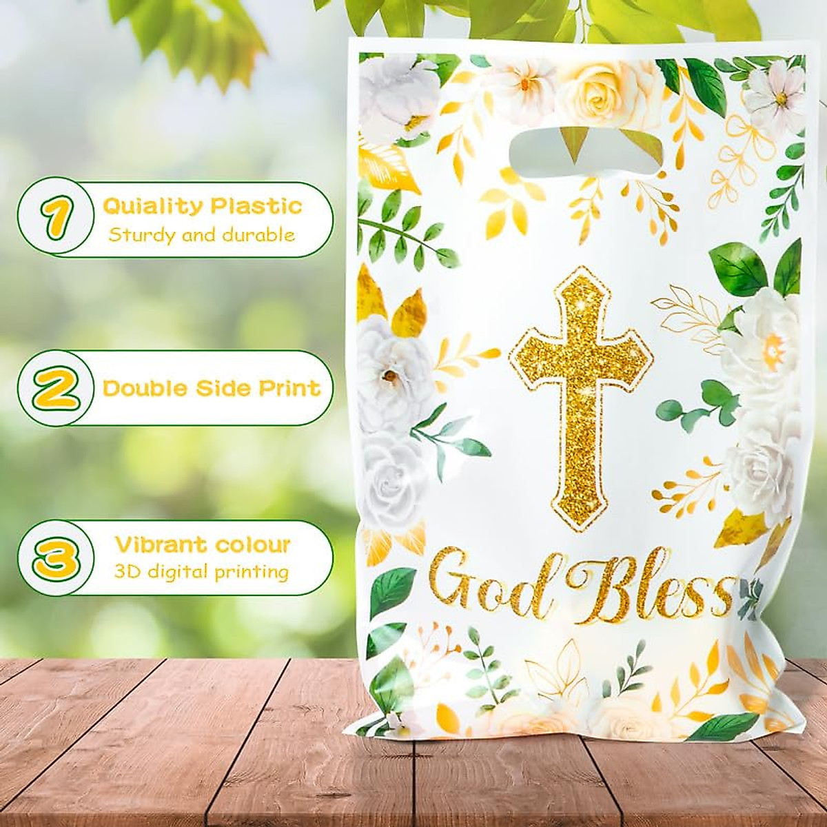 ANGOLIO Easter Treat Party Bags - 50Pcs White Gold Party Favors Bags Print Easter Cross God Bless Candy Bags with Handles Plastic Gifts Bags Birthday Snack Bags Easter Party Favor Supplies for Kids