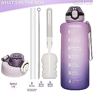 Seekua Large Tritan Water Bottle with Straw & Time Marker, Motivational Half Gallon Daily Drinking Water Bottle with Strap Big Water Jug for Sports, Gym, Fitness, Travel, 2 Lids, 64 oz