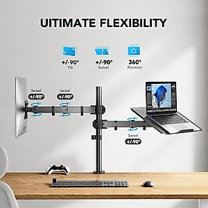 HUANUO Laptop Monitor Mount with Tray for 13- 27 inch, Fully Adjustable Laptop Notebook Desk Mount Stand up to 17 inch, Weight up to 22lbs, Extension with Clamp and Grommet Mounting Base