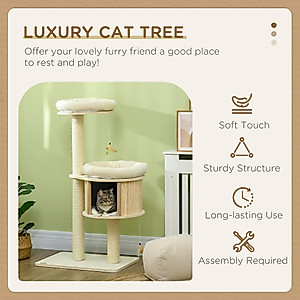 PawHut 3-Level Cat Tree with Sisal Scratching Posts, Fun Cat Badminton Toy for Playing, Soft Cushions, & Play Areas