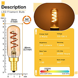 Genixgreen Dimmable T6 Led Bulb Candelabra Led Light Bulb, 2200K Amber Glass 3W E12 T25 Filament Chandelier Light Bulb, CRI 90+ Edison Bulb Equivalent 25W Decorative Lights Bulb, Pack of 6