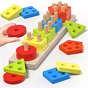 pigipigi Montessori Toys Toddler Gift - Wooden Block Sorting Stacking Toy for 1 2 3 4 Years Old Baby Boys Girls Learning Shape Color Preschool Kids Educational Activity Game Christmas Birthday Gift