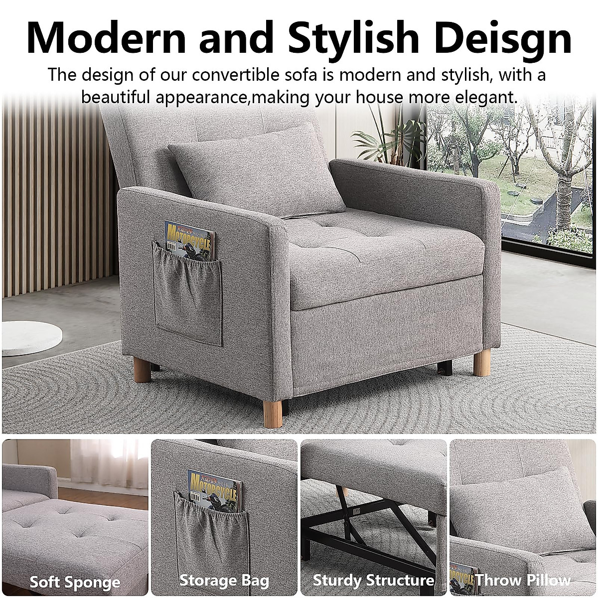 Keainvren Sleeper Chair Bed Convertible Chair Bed Sleeper Pull Out Sofa Bed with Adjustable Backrest Linen Fabric Convertible Chair to Bed with Side Pocket for Bedroom,Living Room, Apartment