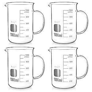 QWORK Beaker with Handle, 1000ml/33.81oz, Measuring Cup, Borosilicate Glass, Beaker Mug with Pouring Spout, 4 Pack