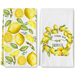 AnyDesign Lemon Kitchen Dish Towel 18 x 28 Yellow Lemon Dishcloth Watercolor Fruit Pattern Decorative Hand Drying Tea Towel for Spring Summer Cooking Baking Bathroom Cleaning Wipes, Set of 2
