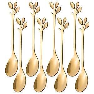 AnSaw 8 Pcs 4.7"Small Stainless Steel Leaf Handle Coffee Spoons(Gold, 8)