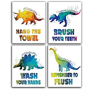 CHIEN-CHI LILI SUUURA-OO Dinosaur Watercolor Bathroom Art Prints Set of 4 (8”X10”), Dinosaur Wall Art Poster for Nursery, Boys, Son, Nephew, Kids Bathroom Decor, No Fram