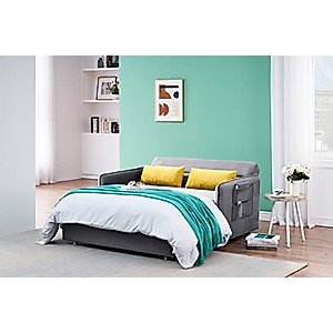 ERYE Modern Upholstered Futon Sofa Convertible Sleeper Couch Bed,Soft Loveseat & Sofabed for Home Office Apartment Small Space Living Room Napping Love Seats, Gray 2 Pillows Side Pockets Twin