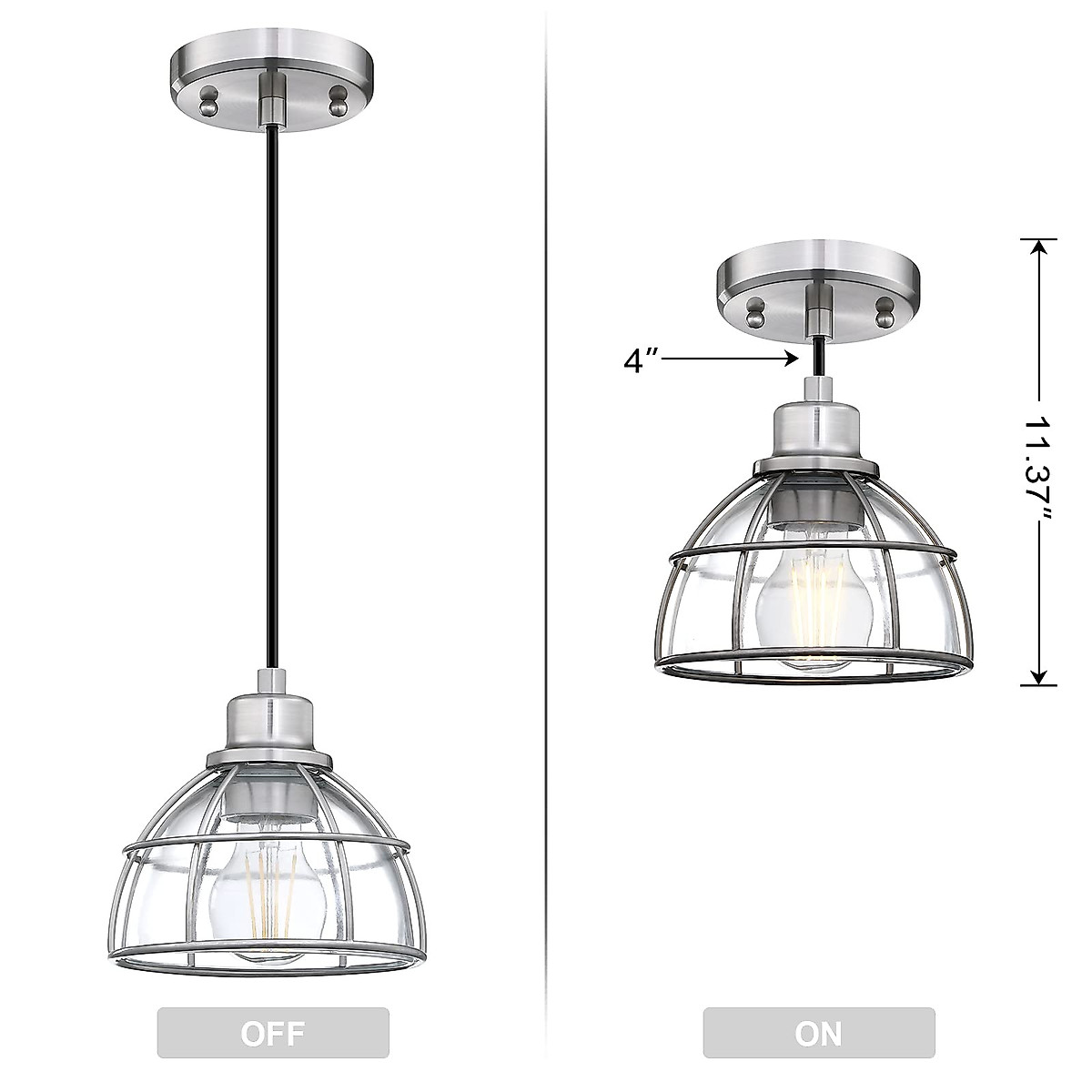 Industrial Hanging Drum Indoor Pendant Ceiling Light Kitchen Island Fixtures Brushed Nickel Finish,Metal Shade for Bar Dining Room Corridor Living Room (3 Pack, Clear Glass Pendant Light)