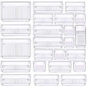 CHEFSTORY 23 PCS Clear Drawer Organizers Set, 4 Sizes Plastic Vanity Drawer Organizers and Storage Bins, Desk Drawer Organizer Trays with Non-slip Silicone Pads for Makeup,Bathroom and Kitchen