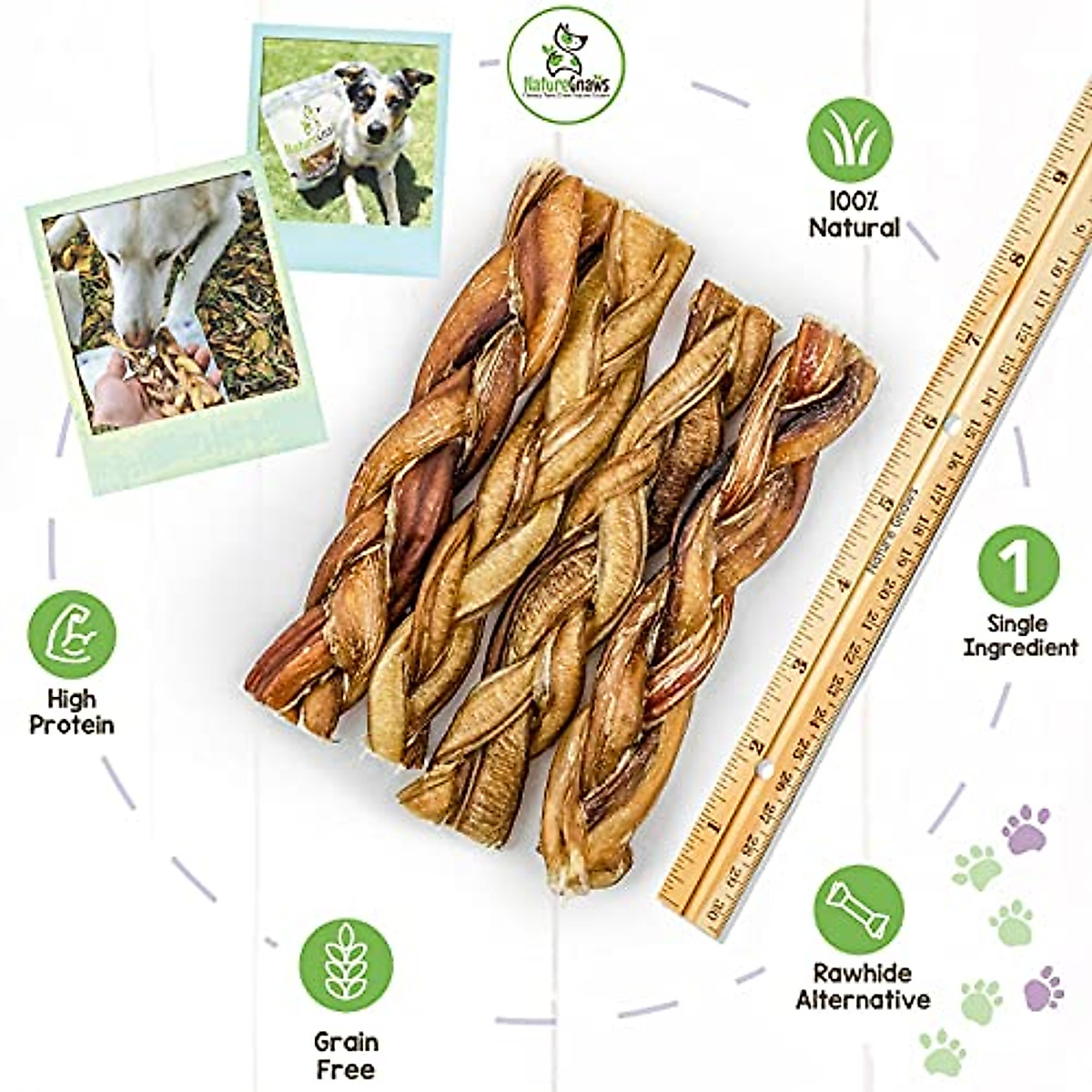 Nature Gnaws Braided Bully Sticks for Dogs - Premium Natural Beef Dental Bones - Long Lasting Dog Chew Treats for Aggressive Chewers - Rawhide Free 10 Count (Pack of 1)