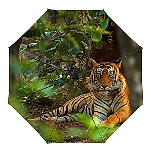 Travel Umbrella Windproof Automatic Umbrella, Tiger in the Natural Habitat Folding Umbrella, Waterproof Compact Sun & Rain Umbrellas for Women Men Kid