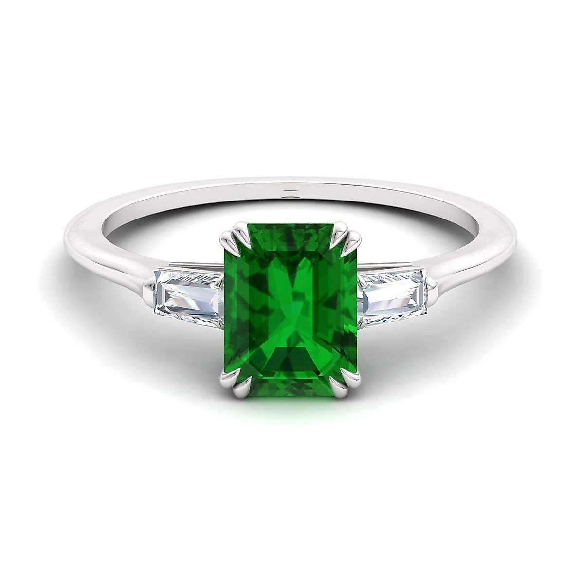 Diamondere Natural and Certified Emerald and Diamond Baguette Engagement Ring in 14K White Gold | 0.76 Carat Three Stone Petite Ring for Women, US Size 7.5