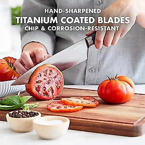 GreenPan Cutlery Knife and Cutting Board 3 Piece Set, Stainless Steel Titanium Coated Blades, Ergonomic Slip-Resistant Handles, 8” Chef’s and 5” Serrated Knife, 11” x 14” Acacia Wood Board, Gray