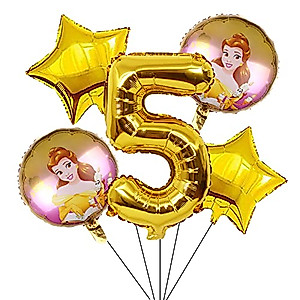 Princess Belle 5th Birthday Decorations Gold Number 5 Balloon 32 Inch | Belle Princess Balloons for Girl’s Birthday Baby Shower Princess Theme Party Decorations (Belle 5th Birthday)