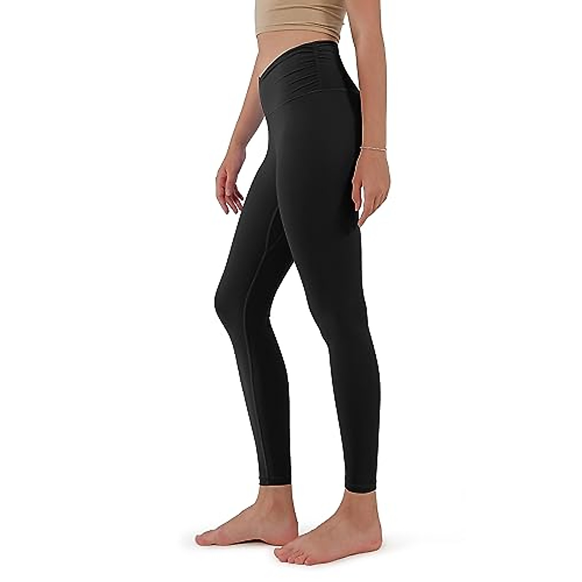 ODODOS Women's Cross Waist 7/8 Yoga Leggings with Inner Pocket, Inseam 25" Gathered Crossover Workout Yoga Pants, Black, Small