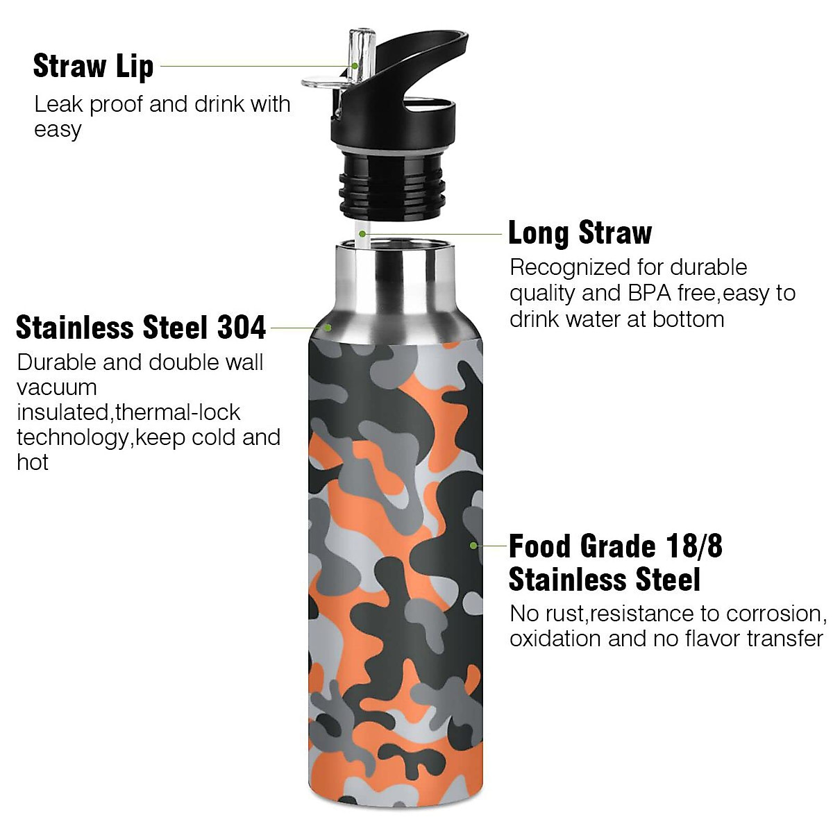 WELLDAY Water Bottle Orange Camouflage Double Wall Vacuum Insulated Flask Stainless Steel with Straw Lid 32oz