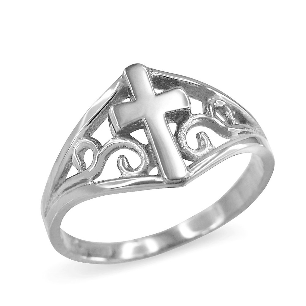 Claddagh Gold Religious Jewelry Filigree Cross Ring for Women in Fine 925 Sterling Silver (Size 6.5)