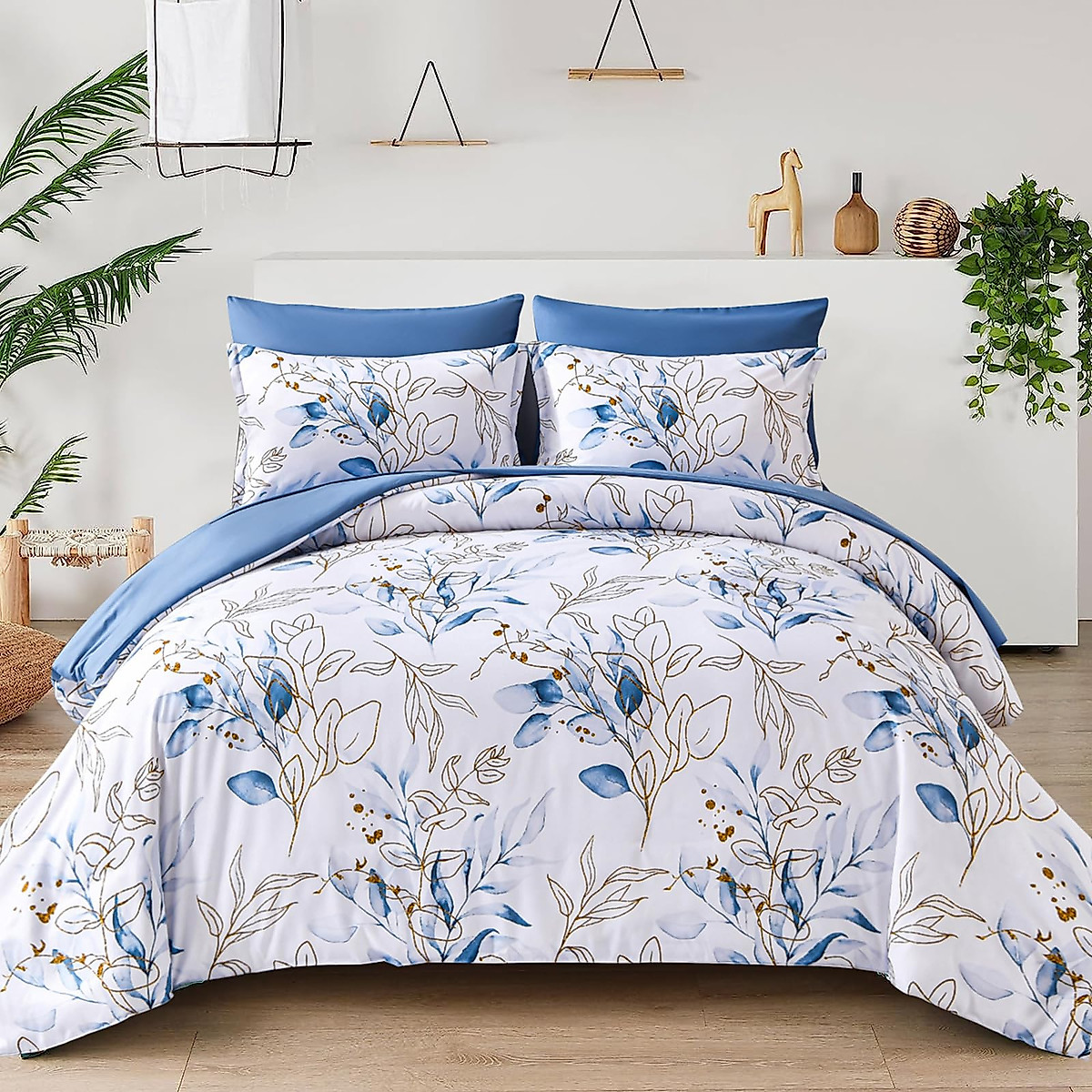 Blue Botanical Duvet Cover Set Queen, 3 Pieces Reversible Blue Gold Leaves Printed Bedding Set with Zipper Closure, Soft Microfiber Flower Duvet Cover Queen 90"x90"(Not Comforter)