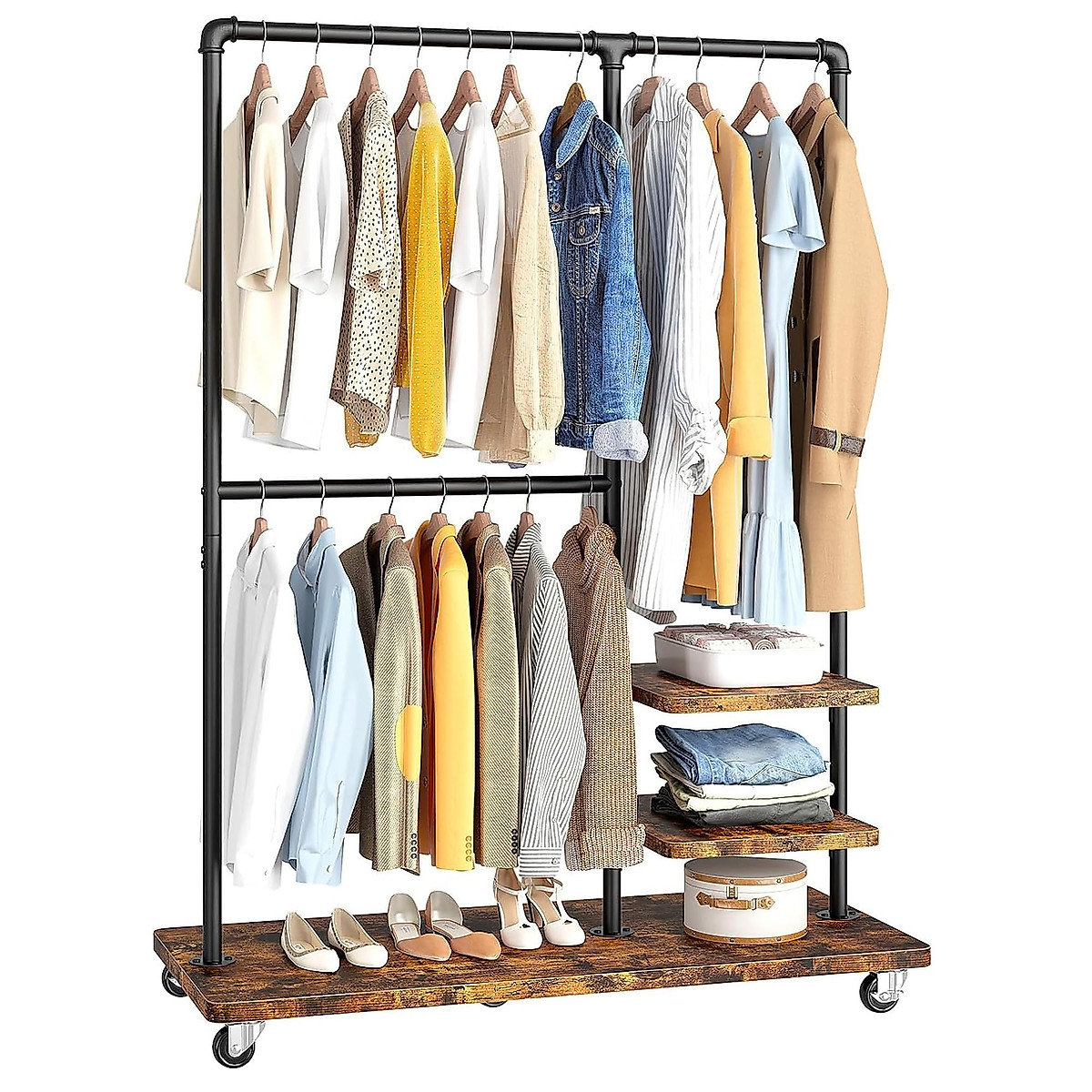 Raybee Industrial Pipe Clothes Rack Heavy Duty Clothing Racks for Hanging Clothes, 400LBS Clothes Rack with Shelves Wheels, Portable Adjustable Rolling Garment Rack for Hanging Clothes, Rustic Brown