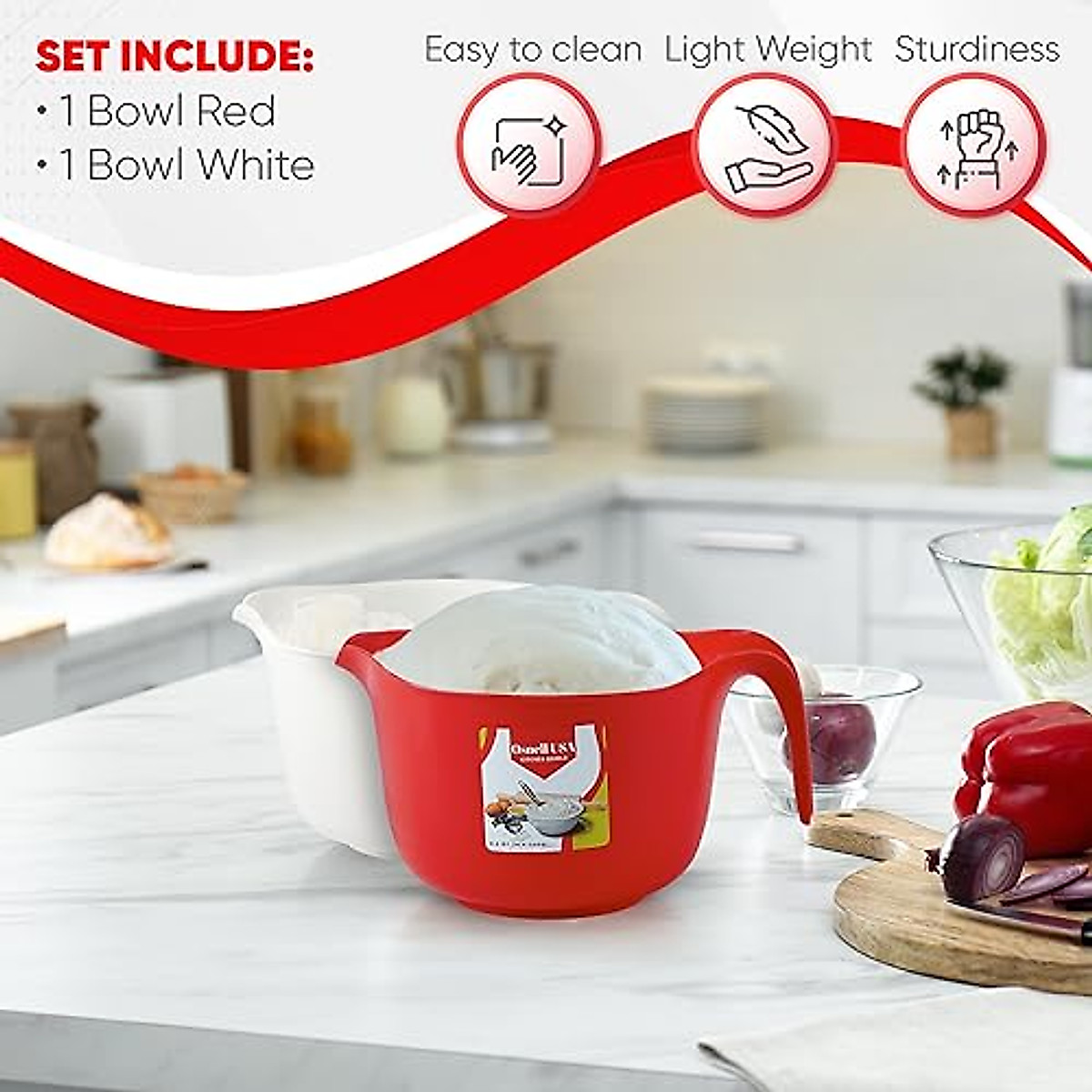 Large Mixing Bowls with Handles, 2 Pcs Microwave Safe 3.6 qt - Plastic Nesting Bowls for Kitchen, Batter Bowls, Easy to Clean, White & Red