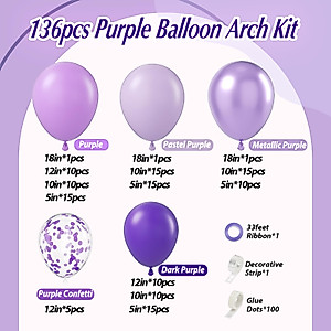 136pcs Purple Balloons Garland Arch Kit, 18 12 10 5 In Dark Light Metallic Purple Confetti Latex balloons Different Sizes for Purple Birthday Butterfly Wedding Baby Shower Party Decorations