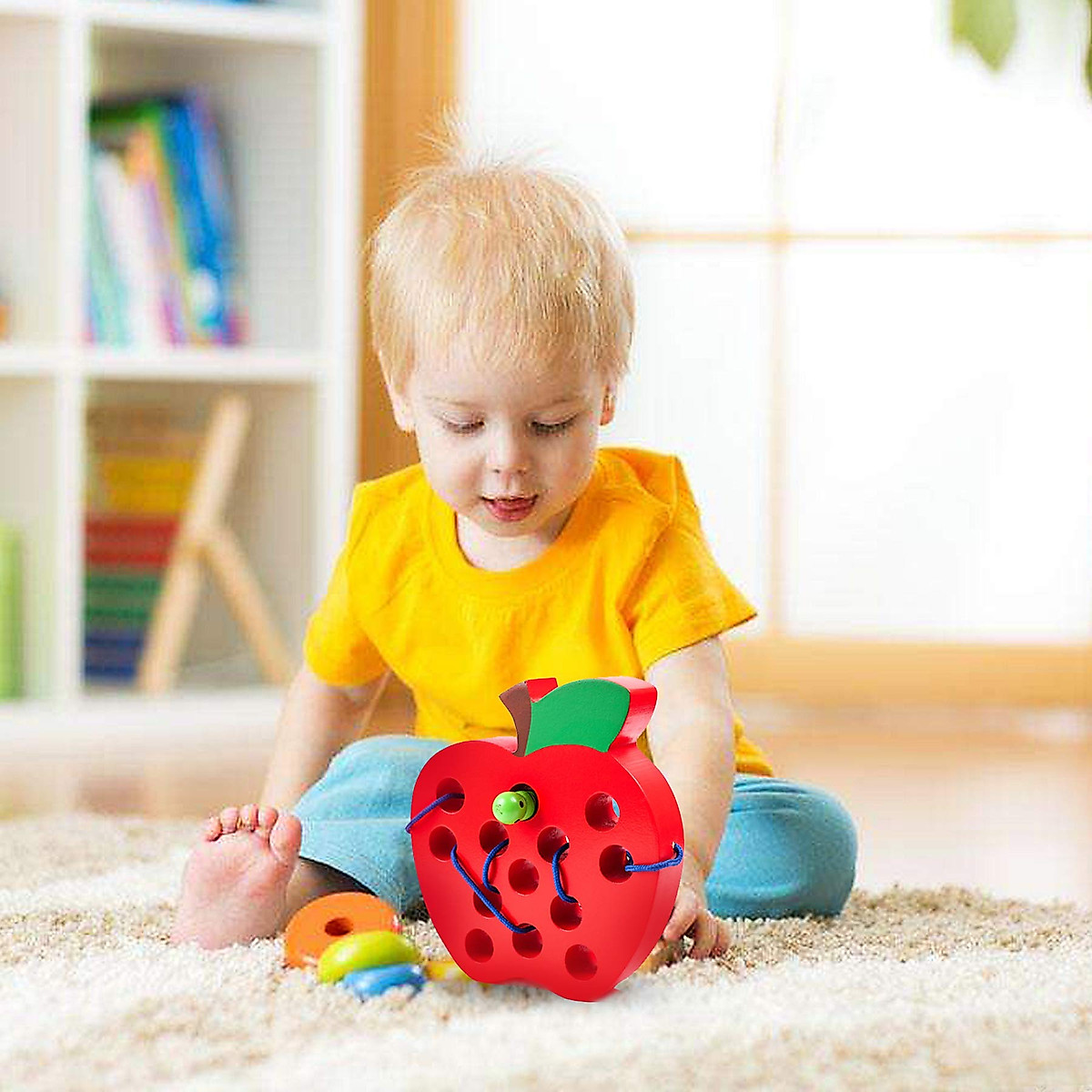 Kizh Wooden Lacing Apple Threading Toys Wood Block Puzzle Travel Game Montessori Early Learning Fine Motor Skills Educational Gift for 1 2 3 Years Old Toddlers Baby Kids