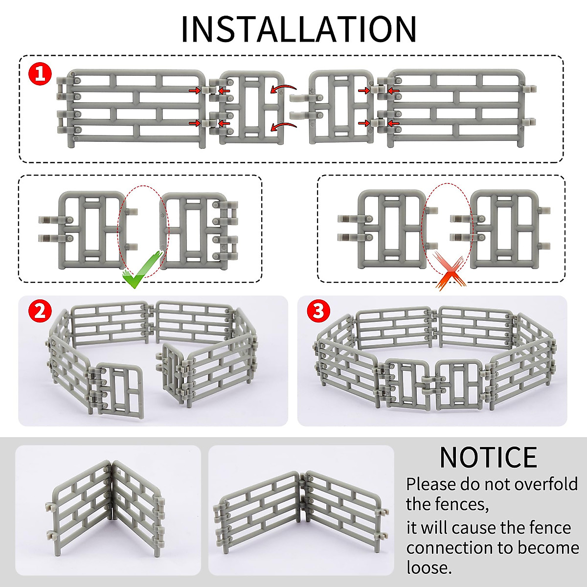 Toymany 64PCS Mini Toys Fence for Farm Animals - Tiny Horse Corral Plastic Fencing for Farm Barn Paddock Horses Figurines for Kids Toddlers