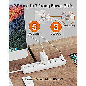 2 Prong Power Strip, WRXDMC 2 Prong to 3 Prong Outlet Adapter, 5ft Extension Cord with Polarized Plug, 1680J Surge Protector, 5 AC Outlets & 3 USB, Wall Mountable, Ideal for Non-Grounded Outlets