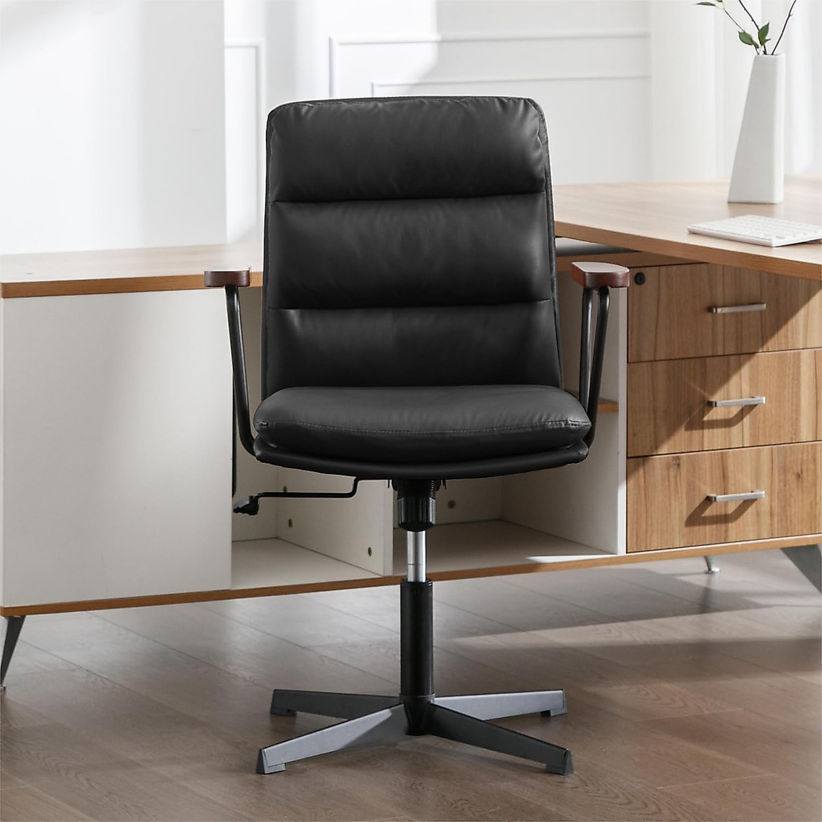 Okeysen Office Desk Chair No Wheels, Swivel Chair with Retro Wooden Armrests, Criss Cross Legged Armless Computer Chair for Home Office, Mid Century Modern Adjustable Task Chair with Thick Cushion