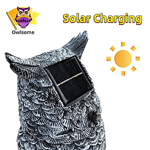 Owlsome Solar Snowy Owl with Flashing Eyes, Rotating Head, Hooting, Motion Detector and Silent Mode, Plastic Owl Garden Sculpture, Garden Decoration