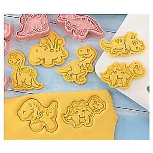 8 Pieces Dinosaur Cookie Cutters Set, Cute Cartoon Cookie Cutters for Kids, Plastic Stamped Embossed Dino Biscuit Molds Set, Kitchen BakingTools for Baby Shower, Birthday, Halloween, Christmas, Pink