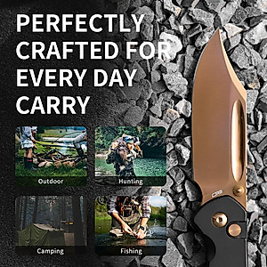 CJRB Bowie Pyrite Pocket Knife, EDC Knife, Folding Knife with 3.15'' AR-RPM9 Steel Rose Gold Blade, Hunting Knife with Clip Steel Handle for Camping, Survival - Suitable for Men & Women - J1942