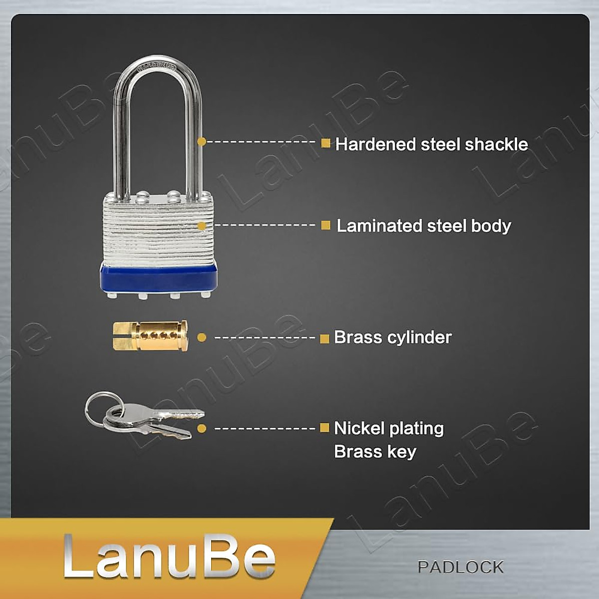 LanuBe Laminated keyed Padlock (1-9/16", 40mm), keyed Alike Locks, Long Shackle,Marked Blue Plastic Hoop, Pack of 24