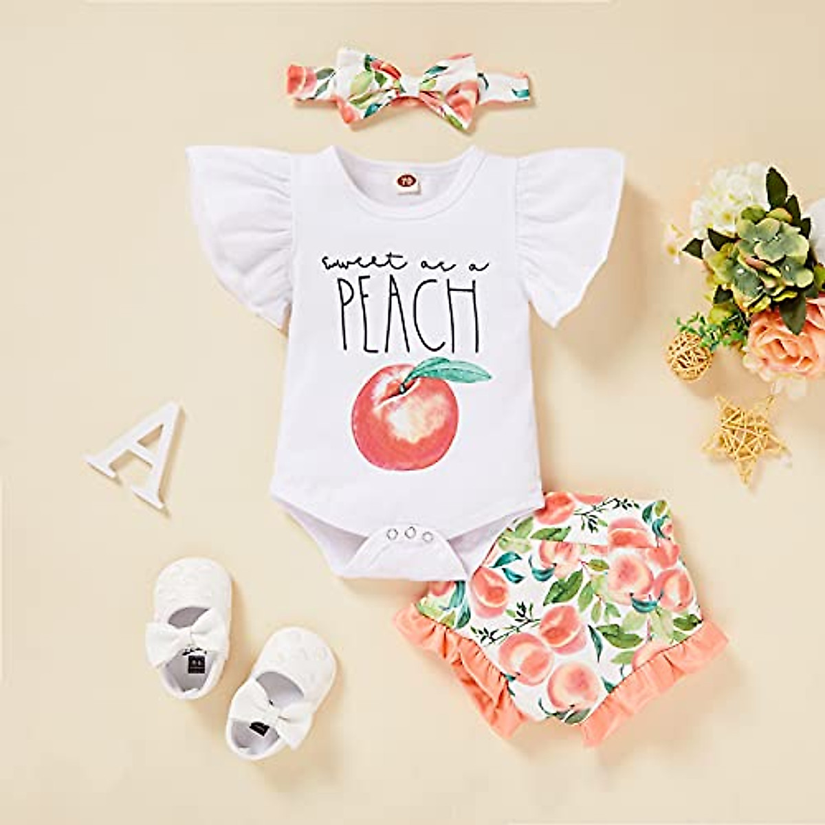 Newborn Baby Girls Clothes Ruffles Summer Romper Floral Bottoms Shorts 3pcs Outfits(Peach,0-3M)