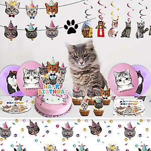Cat birthday party supplies Kitty Party Supplies Kit Includes Cat Party Banner Plates, Napkins,Tablecloth,Cake Toppers, Balloons,Hanging Swirl for Kids Girls