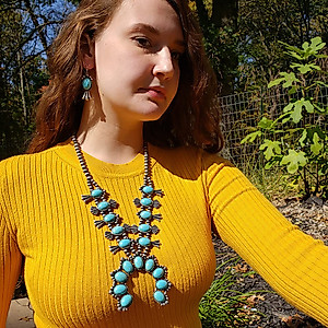 Rosemarie & Jubalee Women's Statement Western Howlite Squash Blossom Necklace Earrings Jewelry Set, 27"+3" Extension (Turquoise Blue)