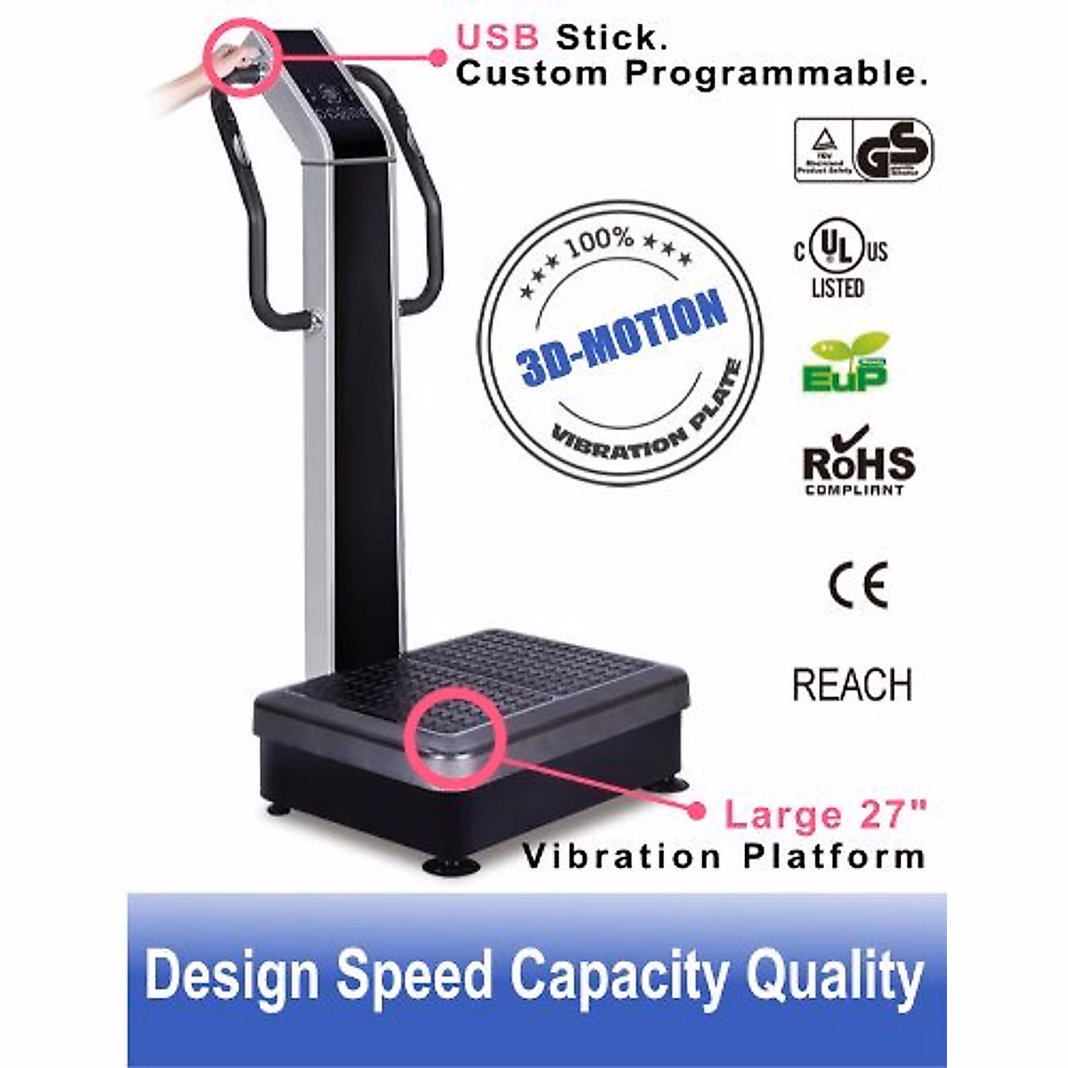 Whole Body Vibration Machine - Dual Motor by SDI : Commercial (2HP, 440 lbs), Dual Motor, Large Vibrating Platform, USB Programmable